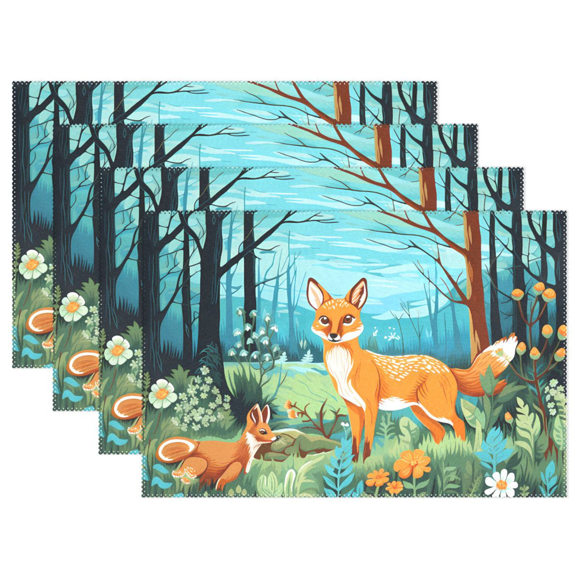 Fox Rabbit Trees Leaves Flowers 12×18 inch Placemats Heat Resistant ...