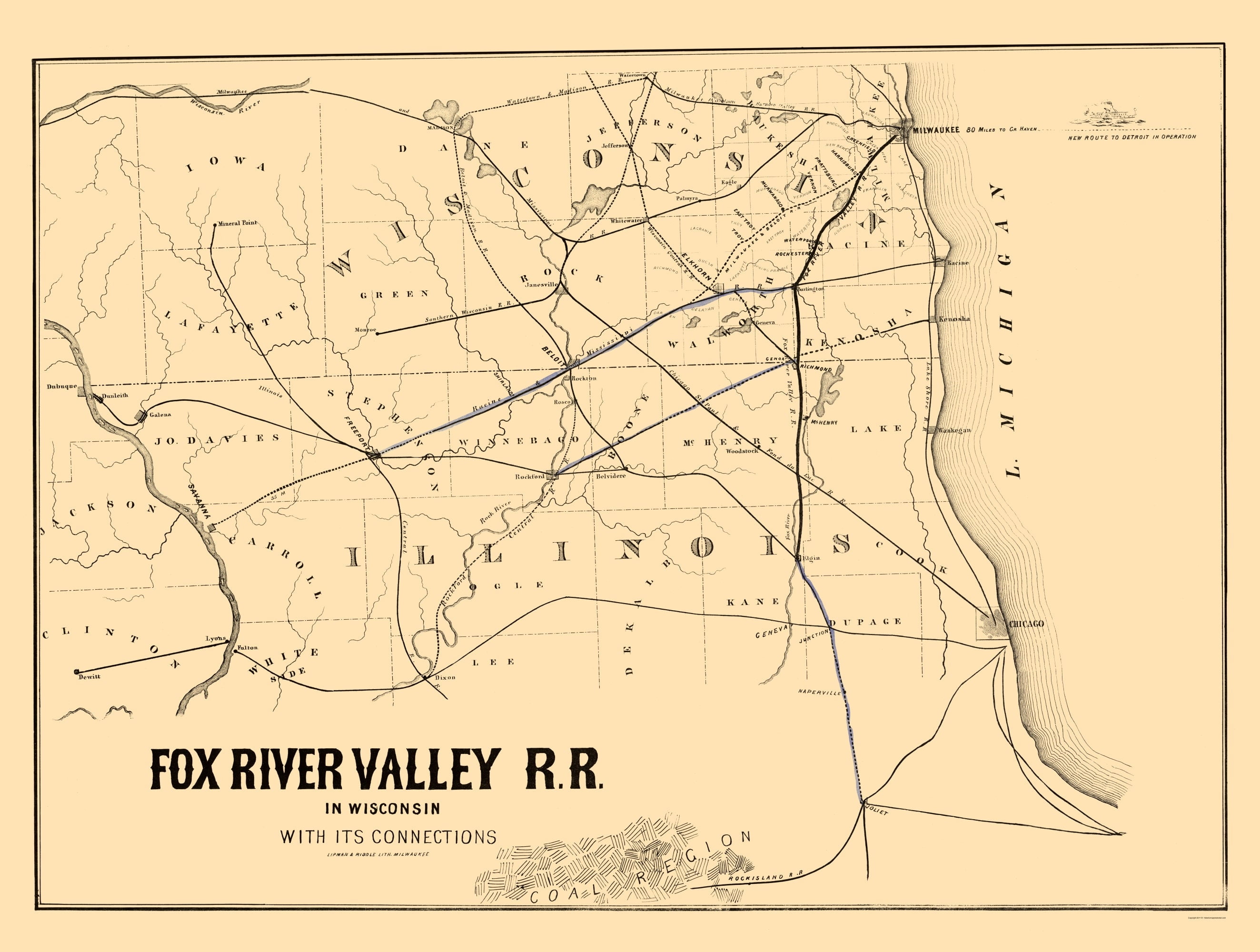 Railroad Map - Fox River Valley Railroad - Lipman 1857 - 23 x 30.44 ...