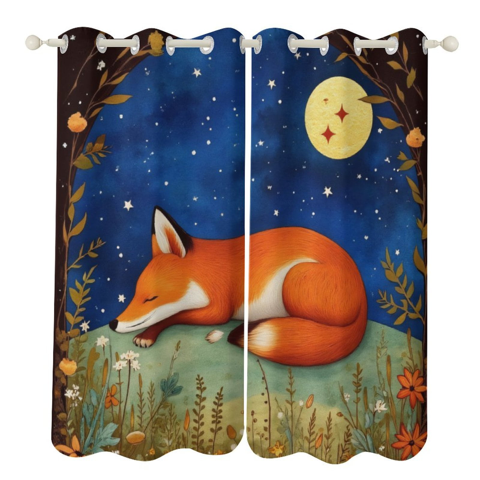 Fox Sleeping Under Moonlit Sky Blackout Window Curtains for Bedroom ...