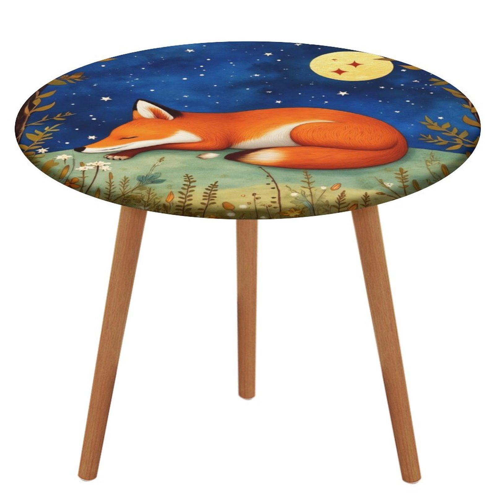 Fox Sleeping Under Moonlit Sky Pattern Round Tablecloth Waterproof ...