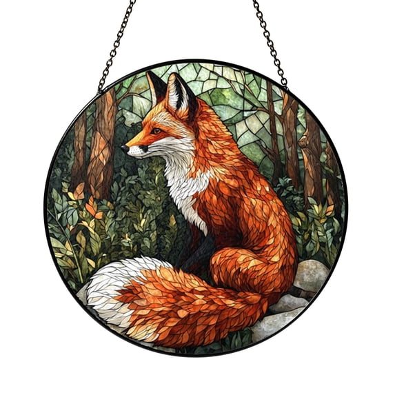 Fox Stained Glass Suncatcher with Woodland Forest Scene, Detailed Red ...