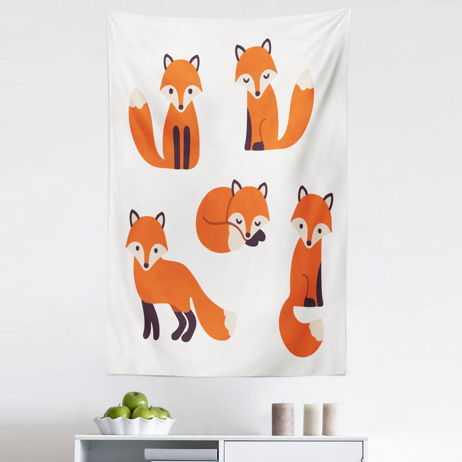 Fox Tapestry, Cartoon Foxes in Modern Style Sitting and Sleeping on ...