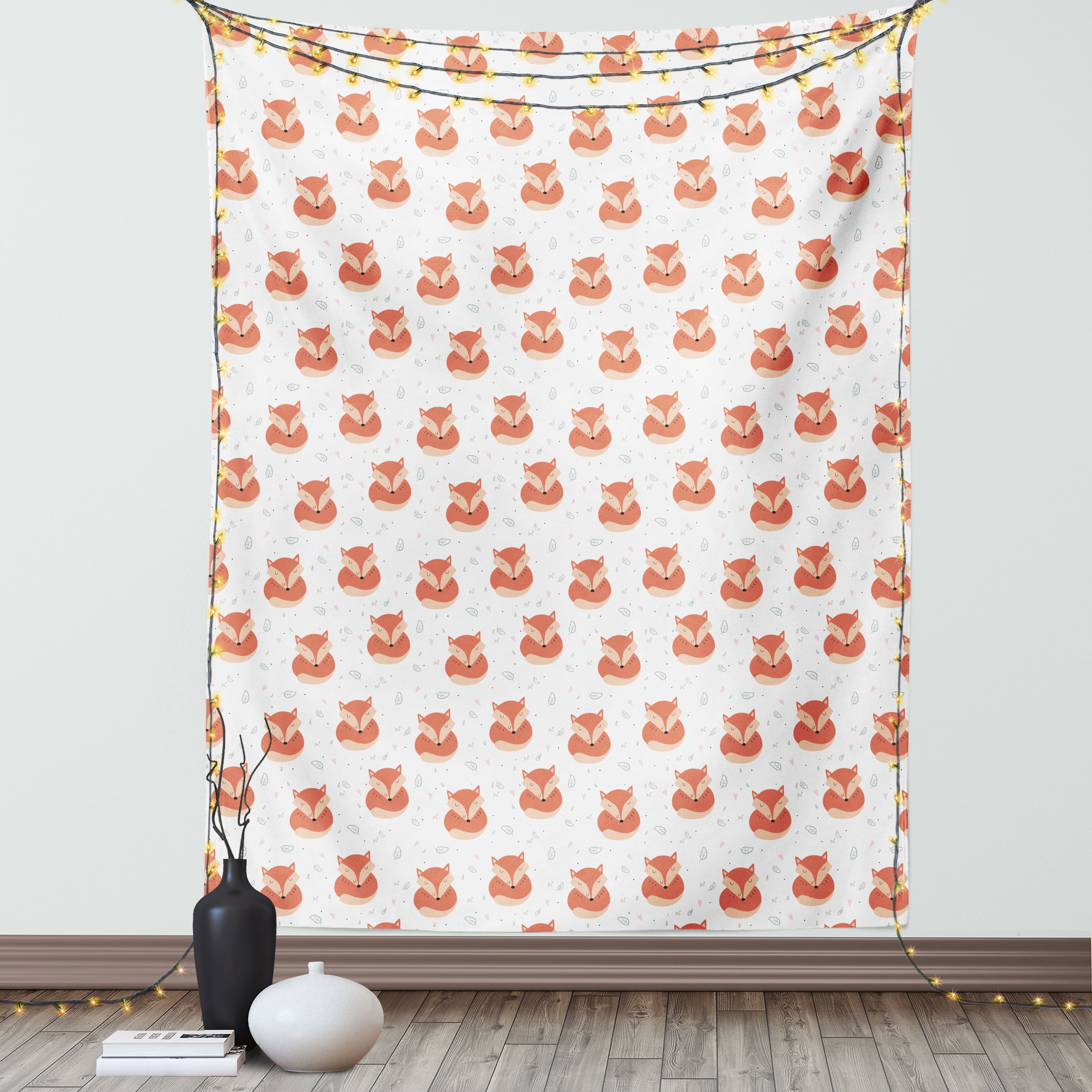 Fox Tapestry, Cute Sleeping Animals Pattern on Heats and Leaves ...