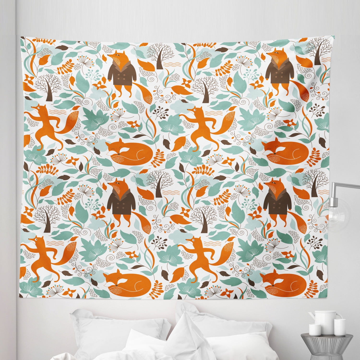 Fox Tapestry, Funny Sleeping Fashion Fox Falling Autumn Leaves Graphic ...