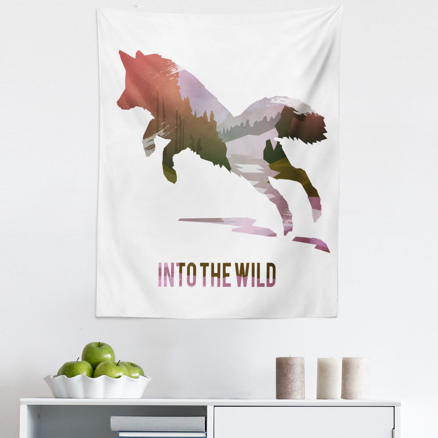 Fox Tapestry, Jumping Fox Silhouette with Woodland Wilderness Hunting ...