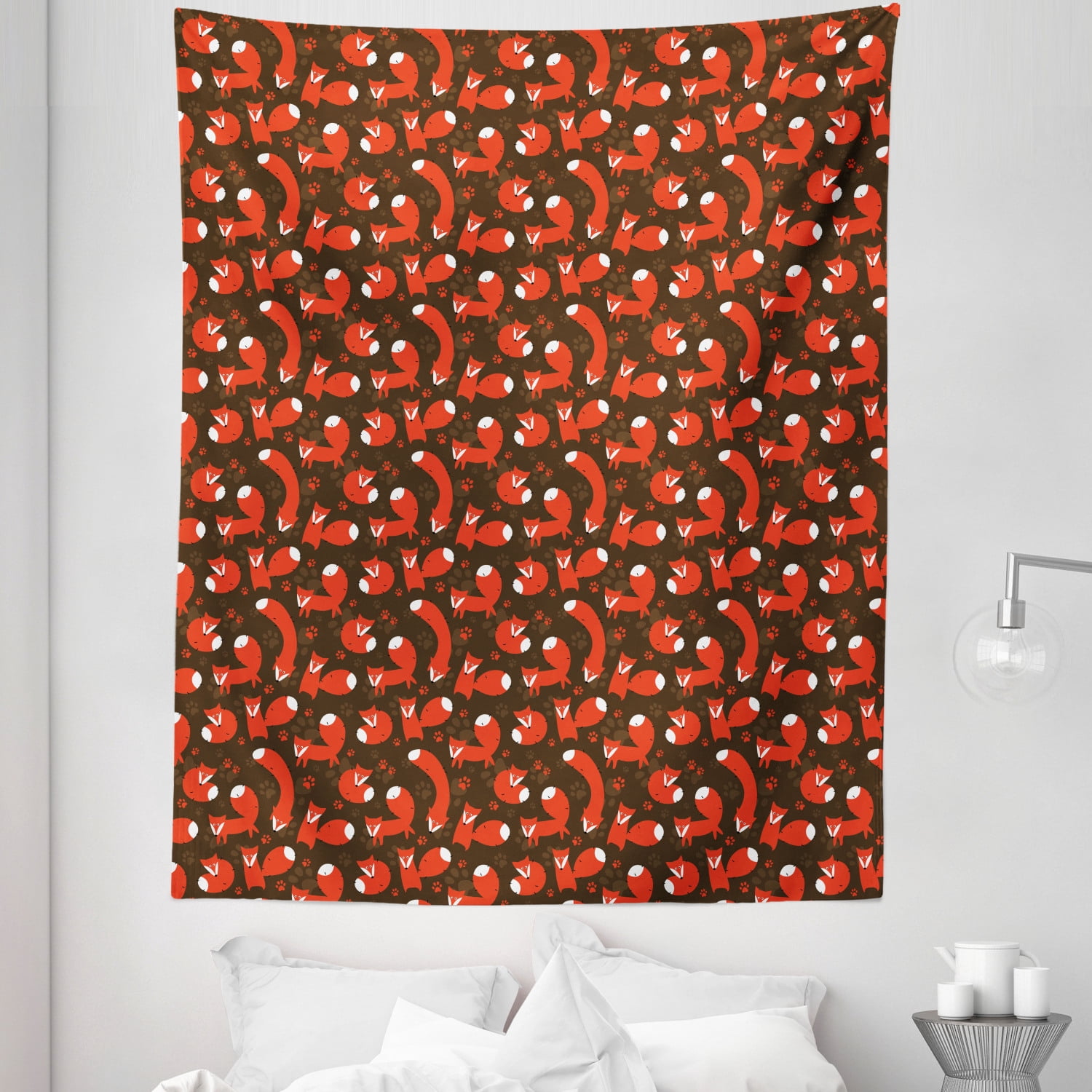 Fox Tapestry, Paw Print Pattern Background with Cartoon Cunning Forest ...