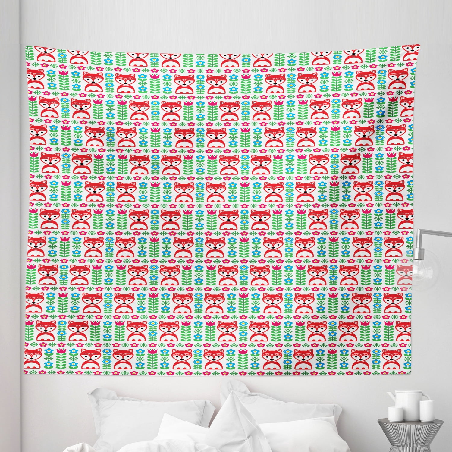 Fox Tapestry, Scandinavian Style Woodland Animals Pattern Flourishing ...