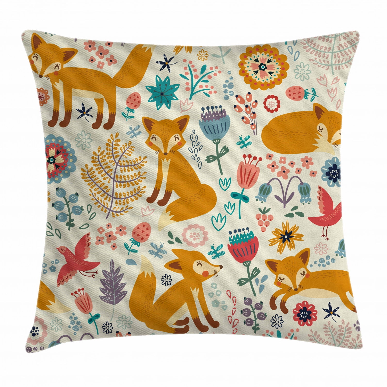 Fox Throw Pillow Cushion Cover, Natural Wildlife Composition with Cute ...