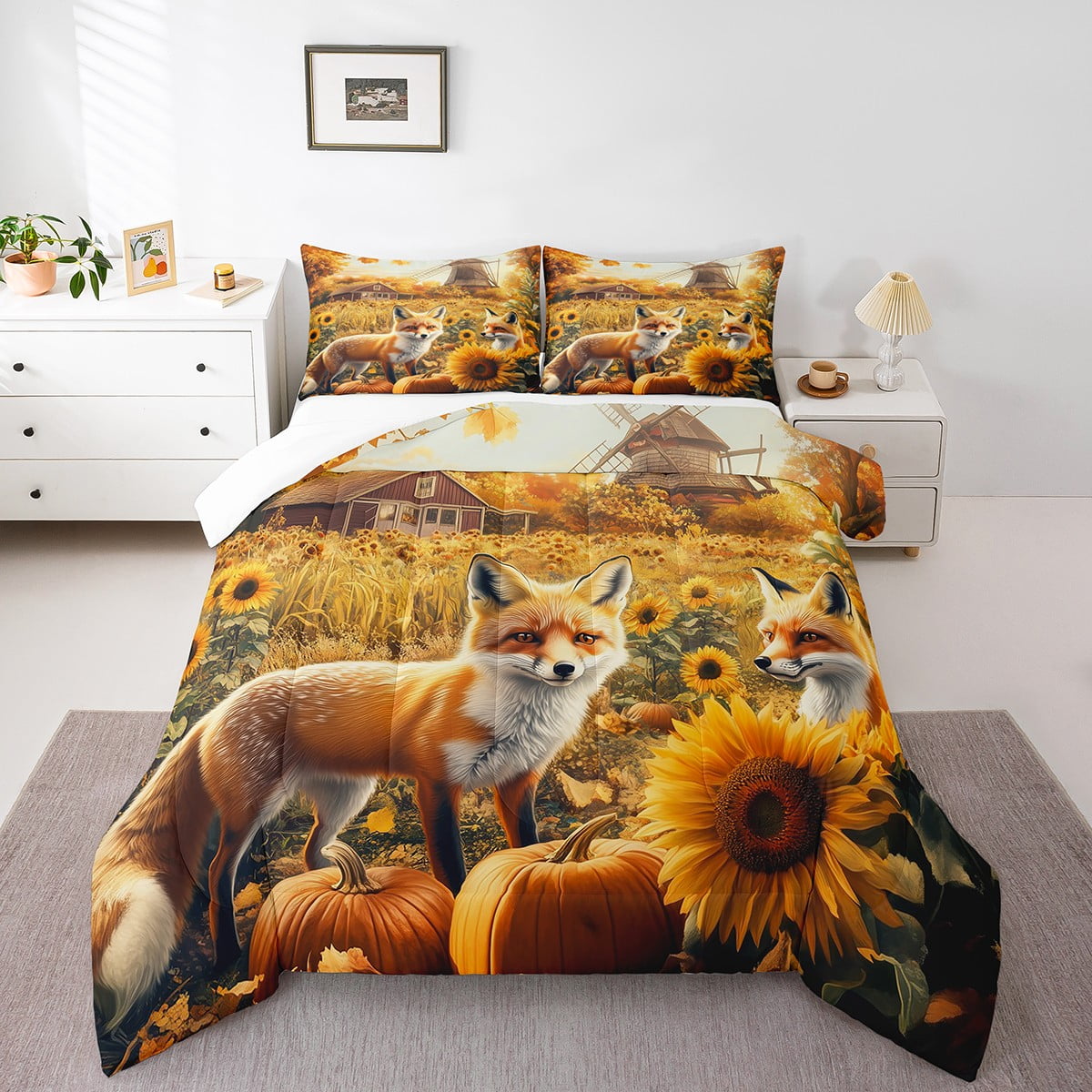 Fox Toddler Bedding Set Yellow Sunflowercomforter Set Rustic Decor Down ...