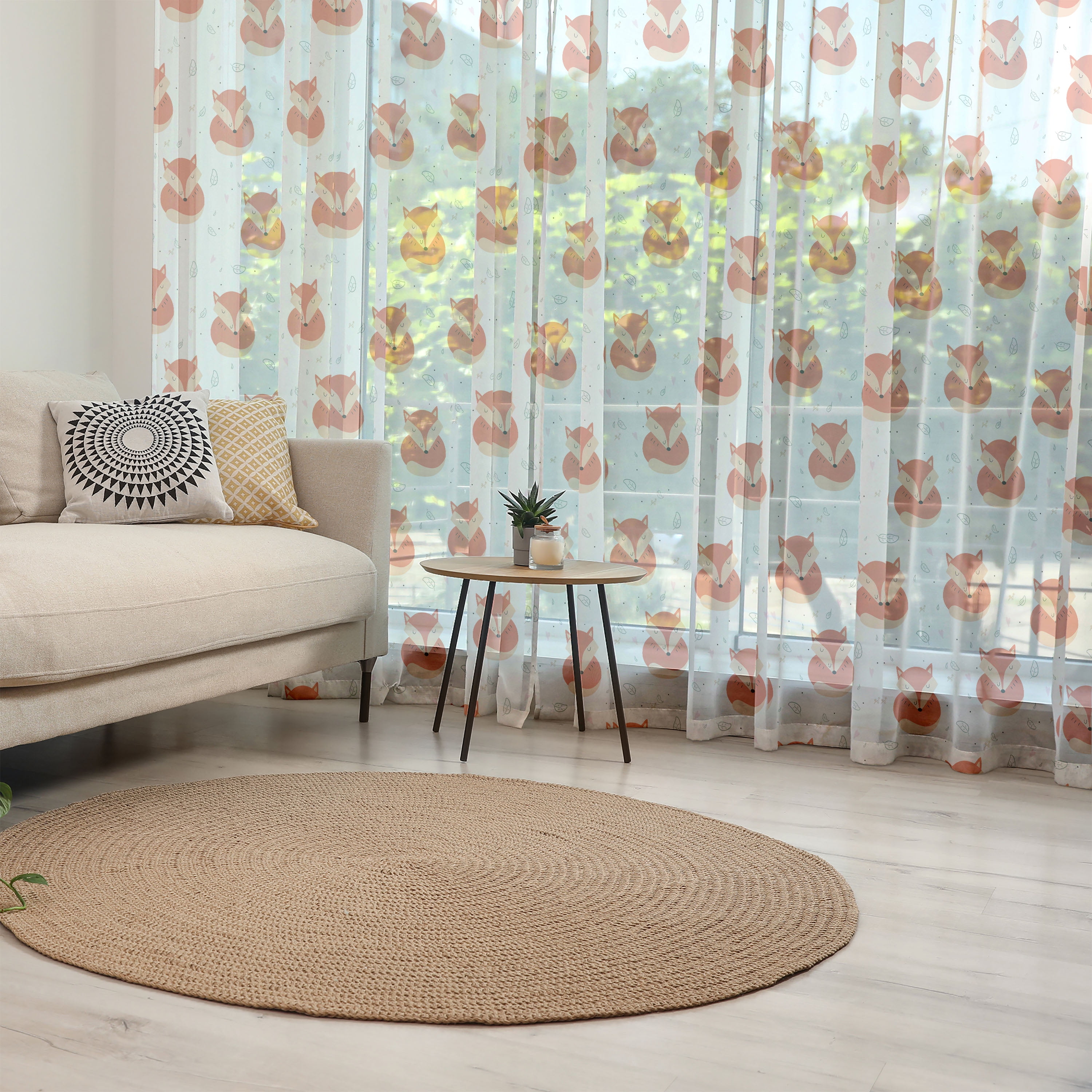 Fox Tulle Curtains with Rod Pocket, Sleeping Animals Pattern on Heats ...