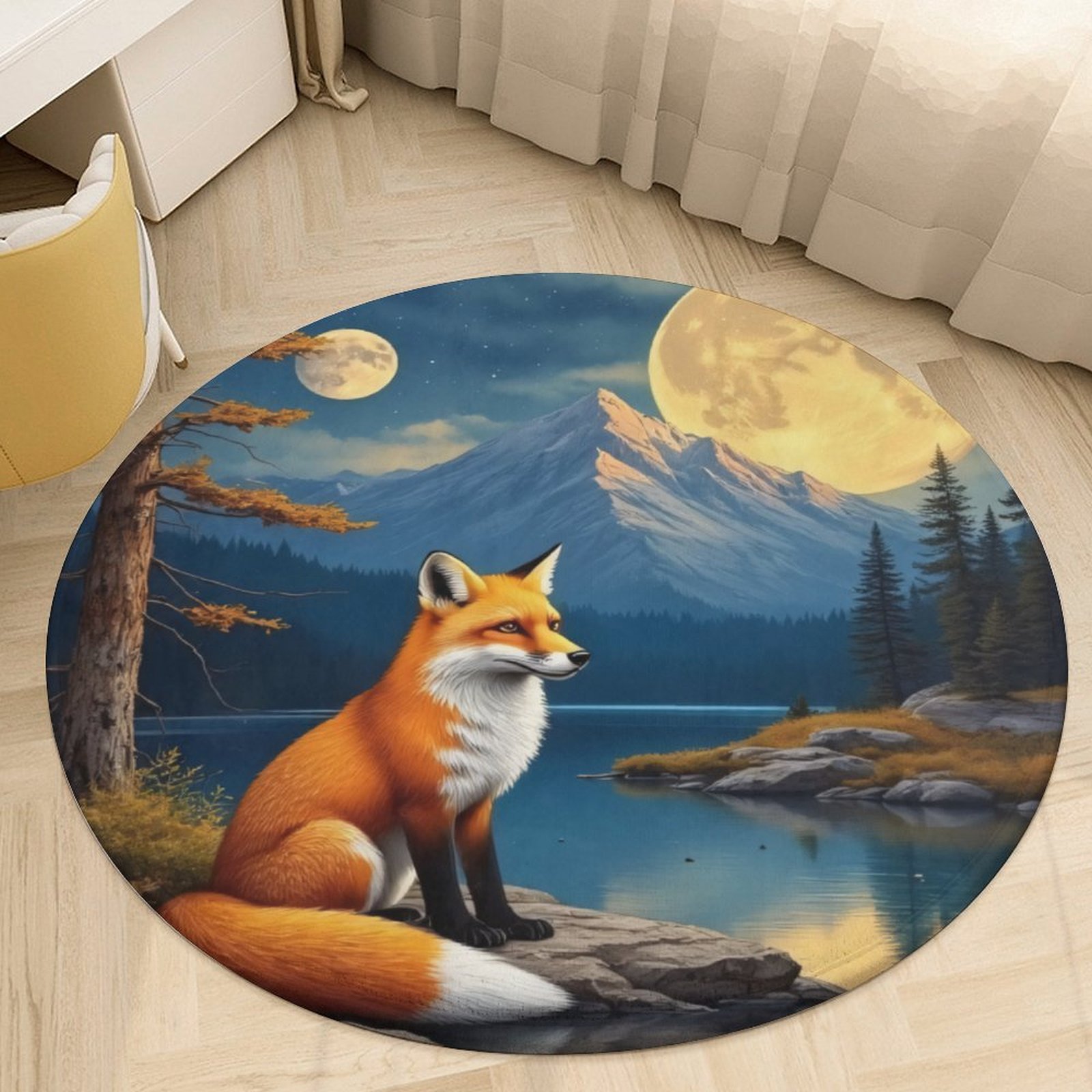 Fox Under Moonlit Mountains Round Area Rugs for Bedroom Living Room ...