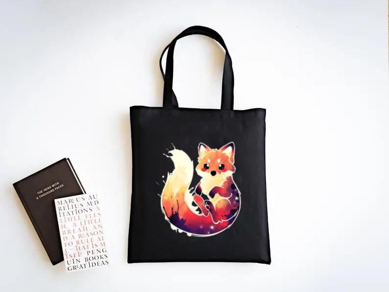 Fox Universe Tote Bag Cosmic Forest Graphic with Mystical Fox Design, a ...