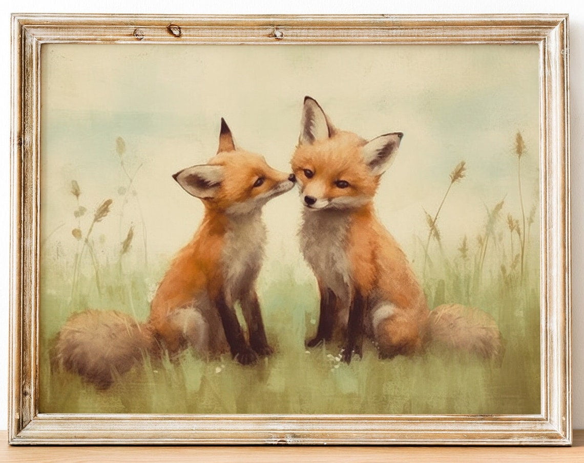 Fox Wall Art, Cute Vintage Animal Art, Baby Fox Painting, Perfect For ...