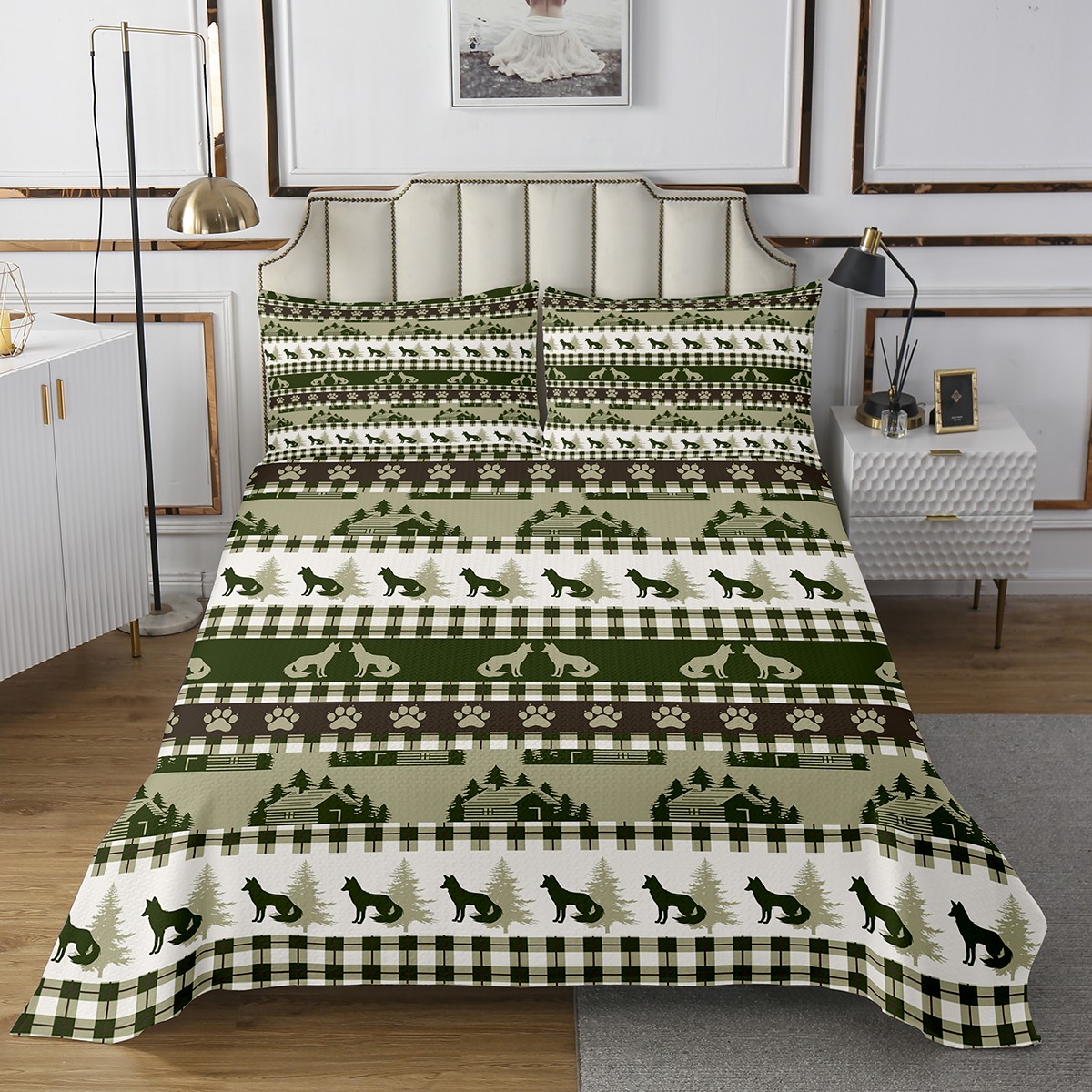 Fox Animal Bedspread Set King Size,Rustic Cabin Lodge Coverlet Set for Women,Green Gray Classic ...