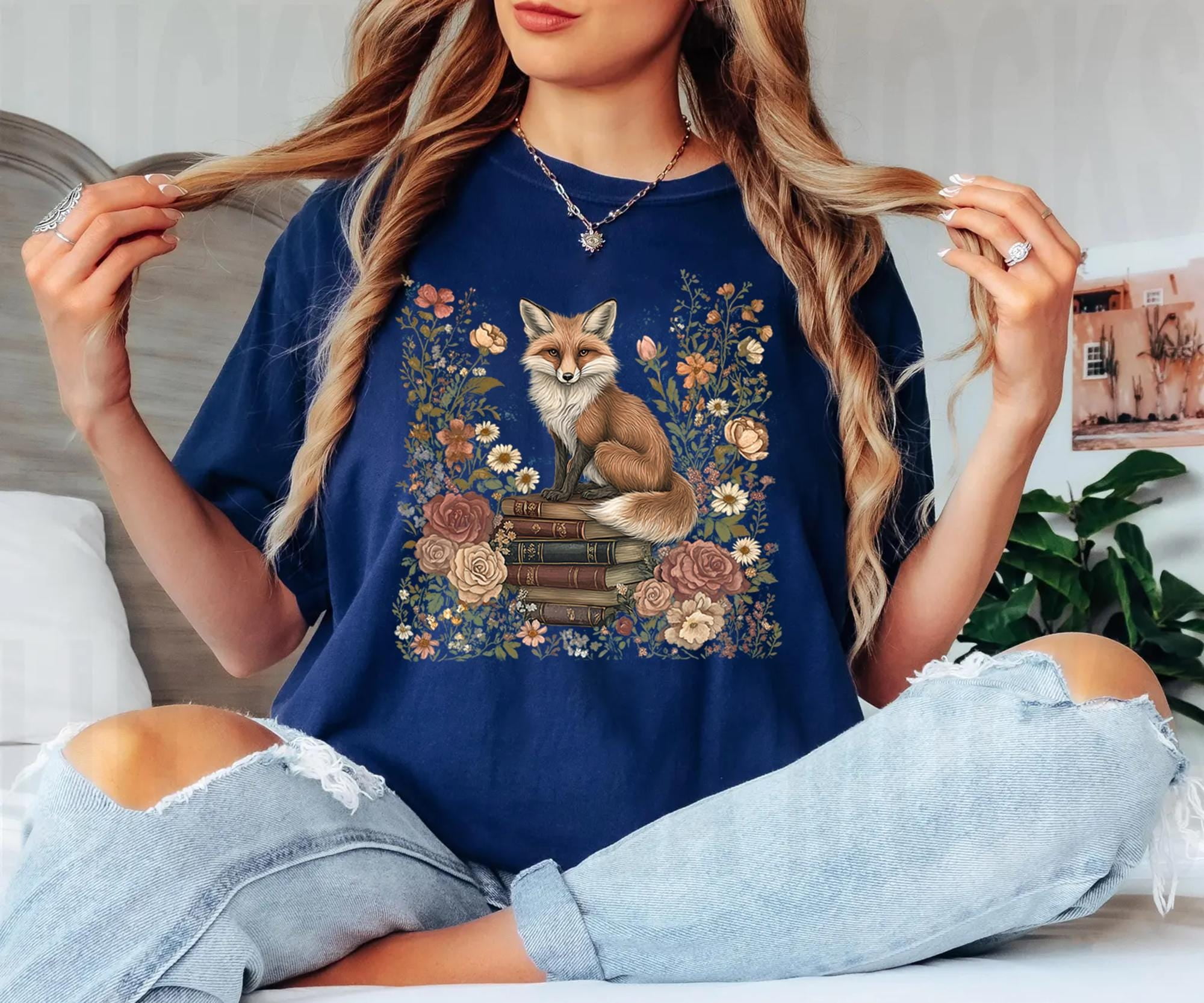Fox and Book Shirt, Cute Flower Fox Shirt, Floral Shirt, Wildflower ...