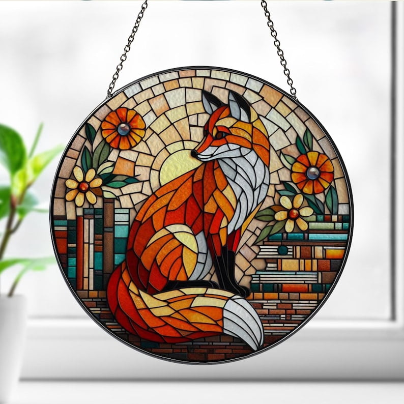 Fox and Bookshelf GLASS Window Hanging, Library Window hanging ...