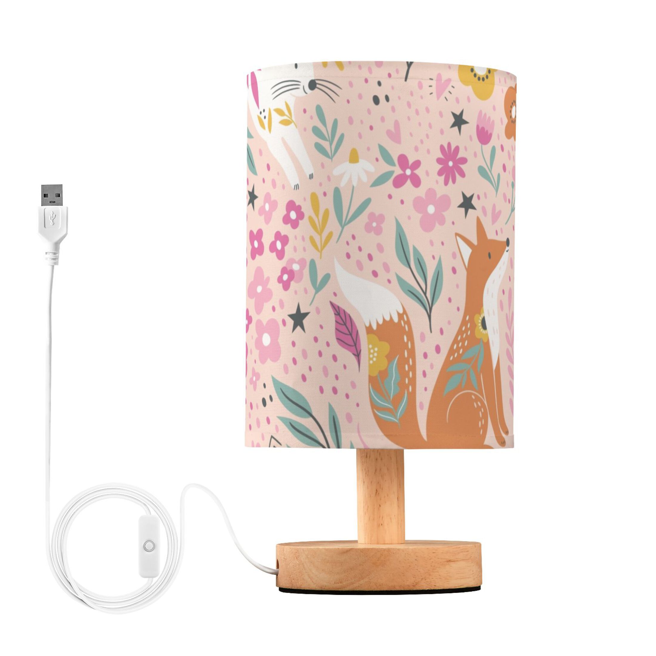 Fox and Flowers Leaves with Pink Bedside Table Lamp LED Warm Lights ...
