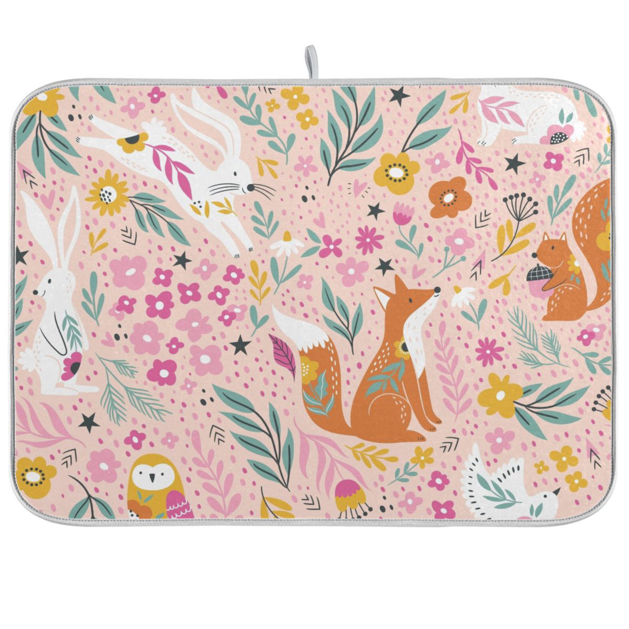 Fox and Flowers Leaves with Pink Dish Drying Mat Microfiber Kitchen ...