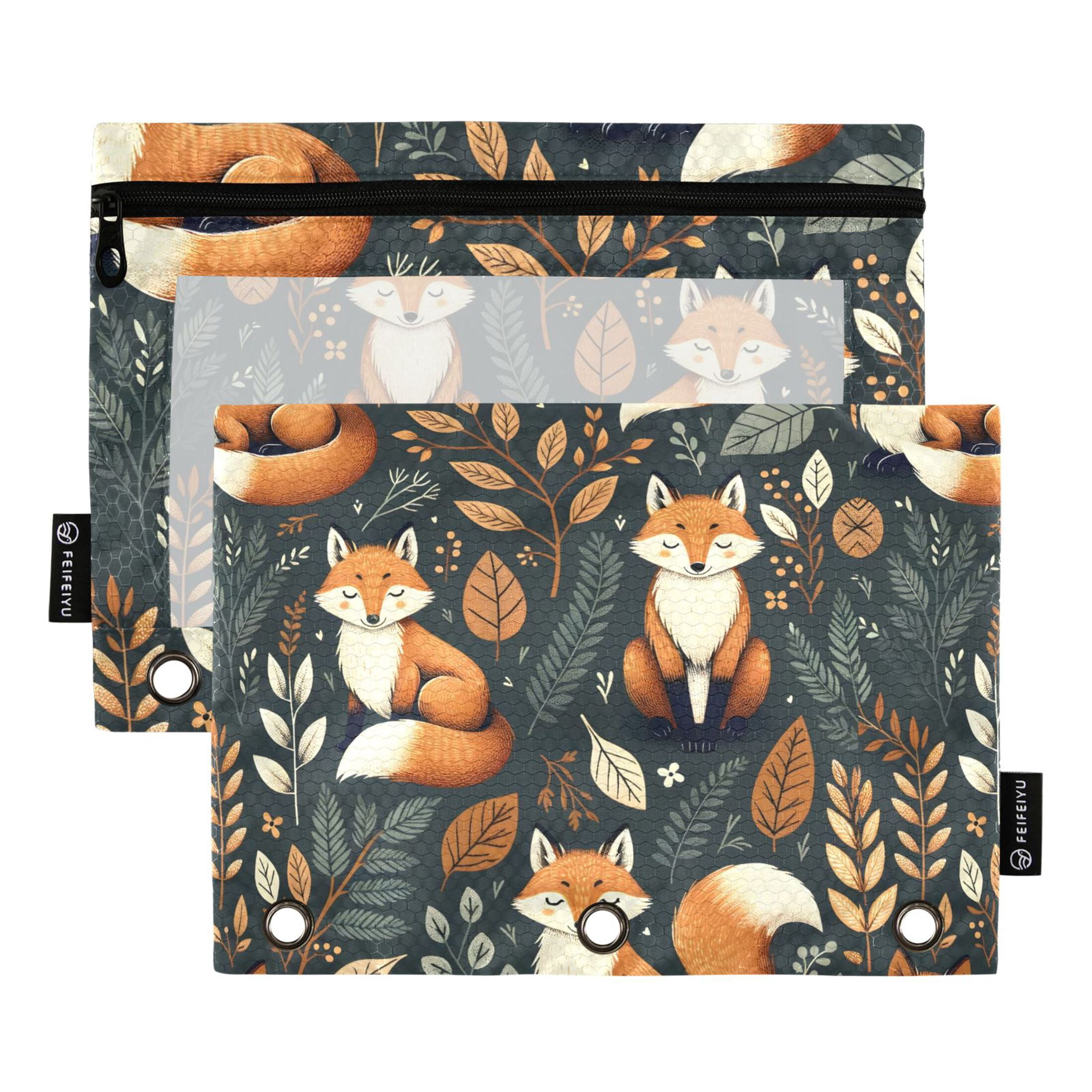 Fox and Leaves 2 Pack Pencil Pouch for 3 Ring Binder Smooth Zipper ...