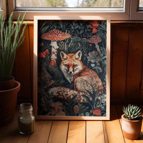 Fox and Mushroom William Morris Inspired Vintage Dark Cottagecore Dark ...