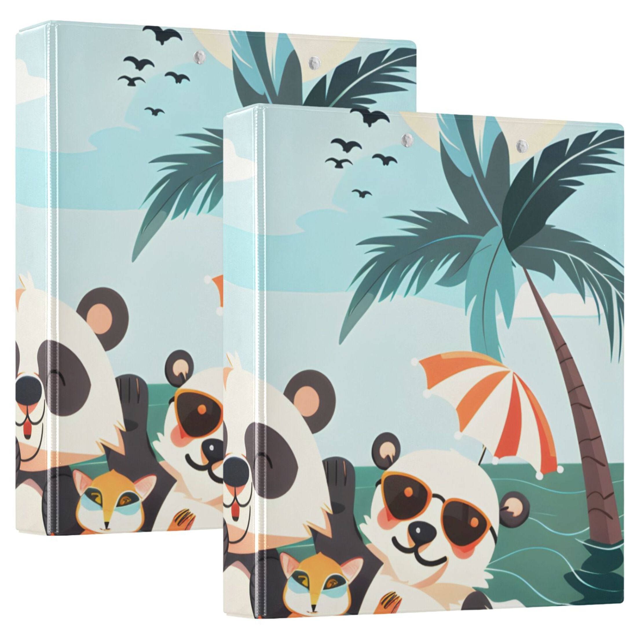 Fox and Pandas on Beach 3 Ring Hardcover Binders 1.5" Round Rings for ...