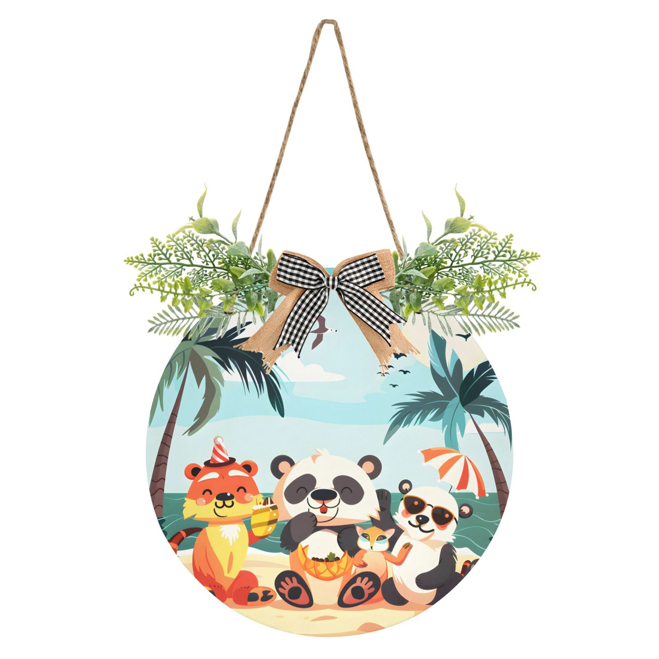 Fox and Pandas on Beach Welcome Front Door Sign Round 12 inch Porch ...