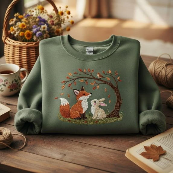 Fox and Rabbit Embroidered Sweatshirt Woodland Animal Shirt Cottagecore Forest Wildlife Top ...