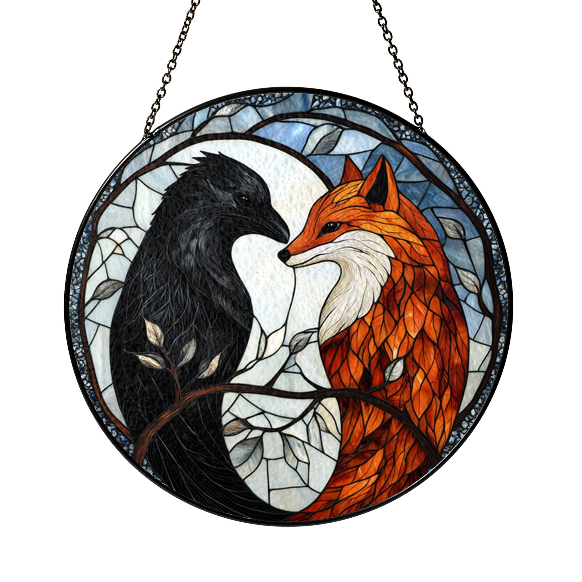 Fox and Raven Stained Glass Style Suncatcher, Fantasy Forest Animal ...