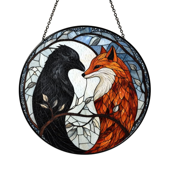 Fox and Raven Stained Glass Style Suncatcher, Fantasy Forest Animal ...