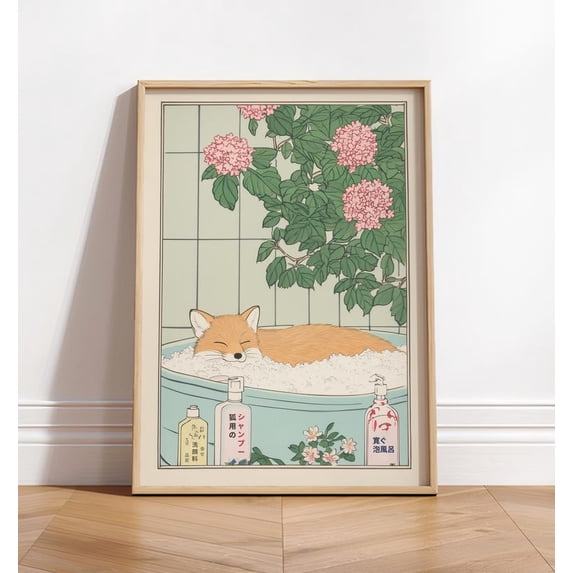 Fox in Bubble Bath Japanese Ukiyo-e Style Art Poster - 16x24 - UNFRAMED ...
