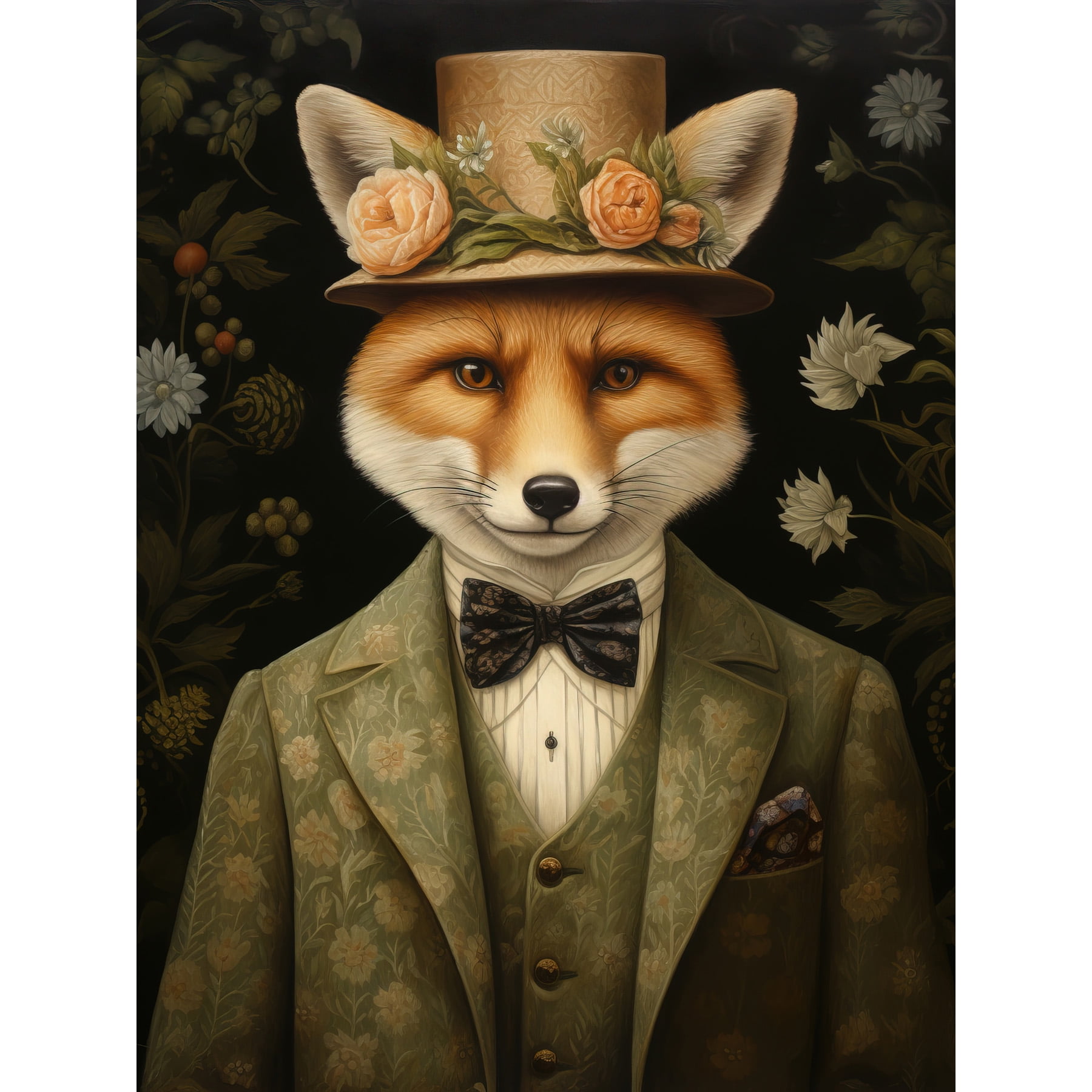 Fox in Floral Victorian Suit and Top Hat Surrealism Artwork Green ...