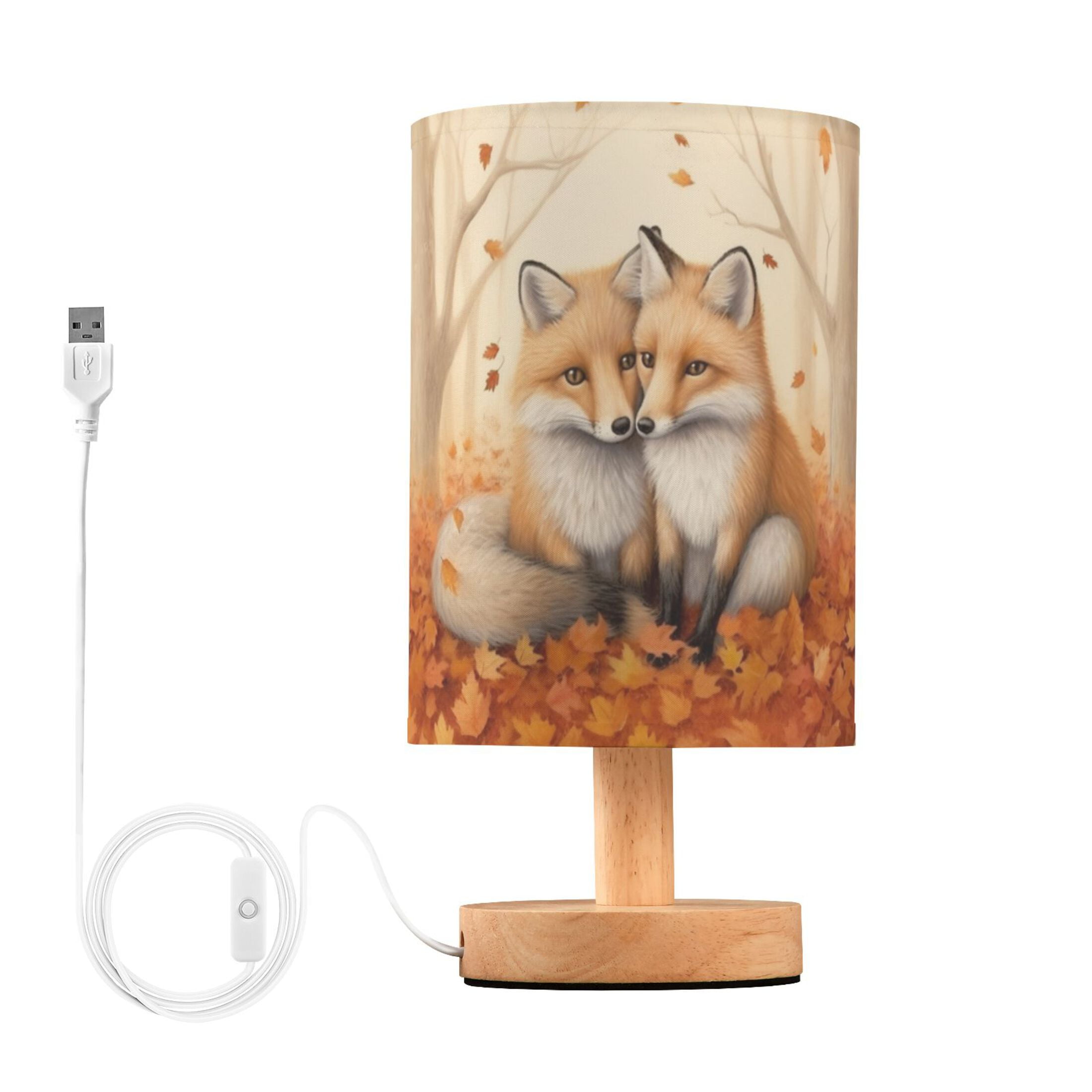 Fox in Forest Autumn Leaves Bedside Table Lamp LED Warm Lights with USB ...