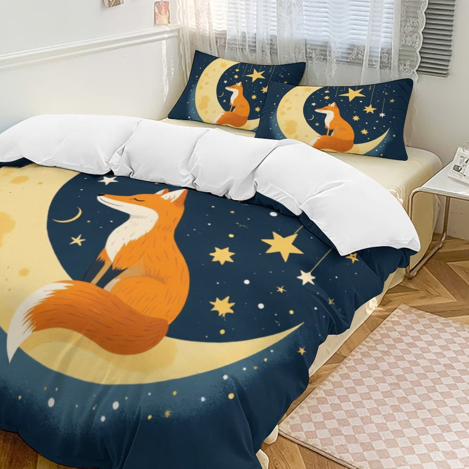 Fox on Crescent Moon Duvet Cover Set Themed Multicolor Polyester ...