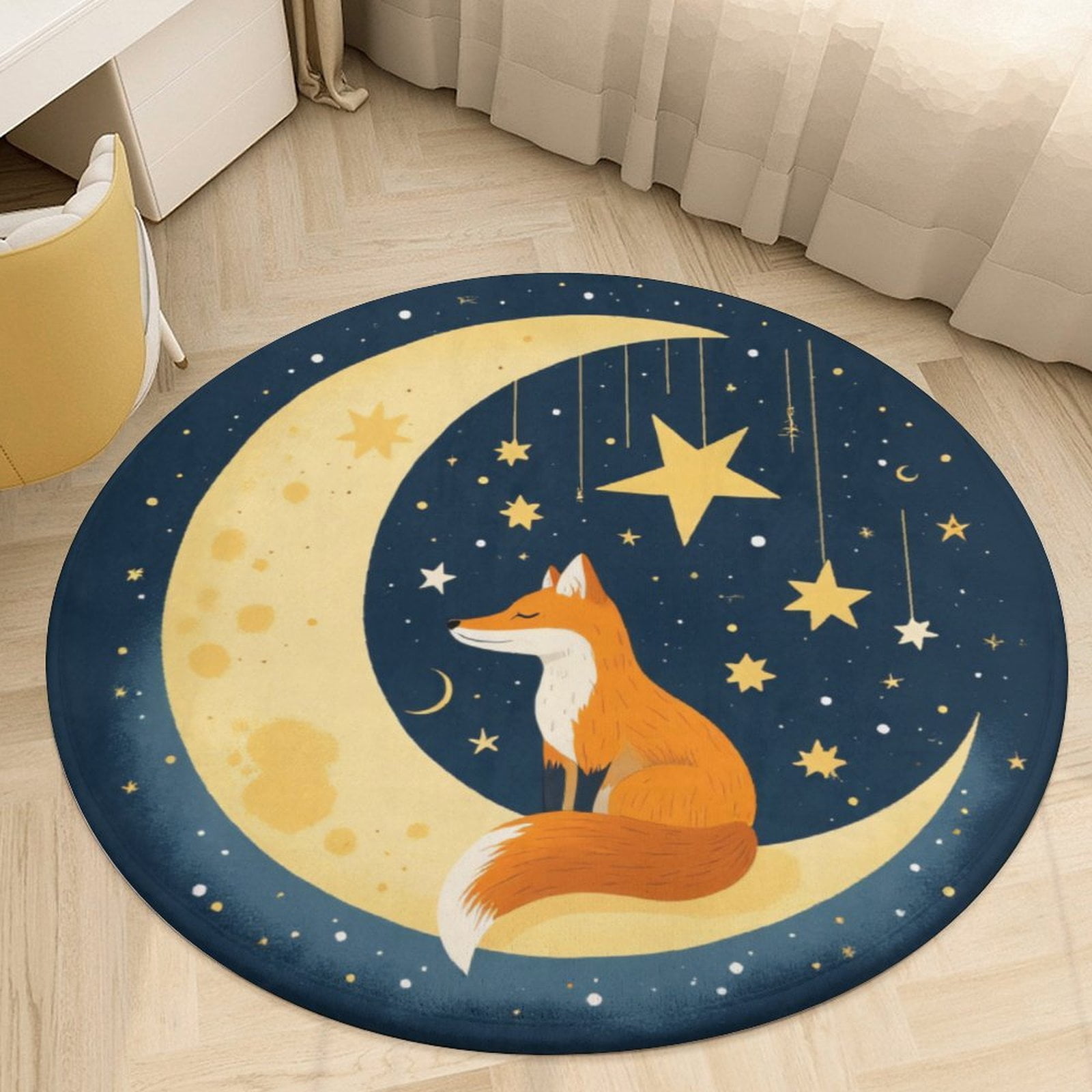 Fox on Crescent Moon Round Area Rugs for Bedroom Living Room, 4FT Soft ...