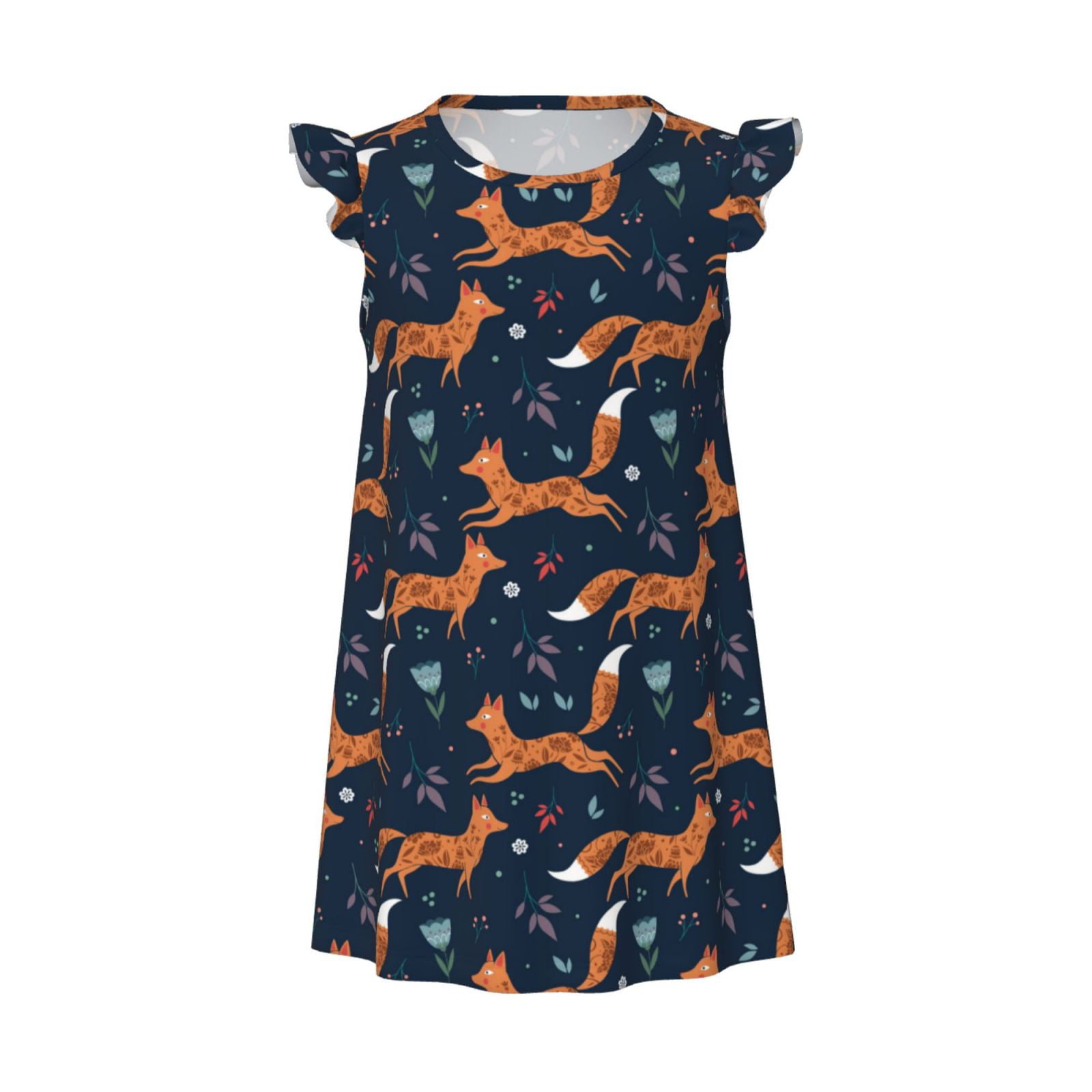 Fox with Flower Pattern Girls Nightgowns, Flutter Sleeve Pajamas ...