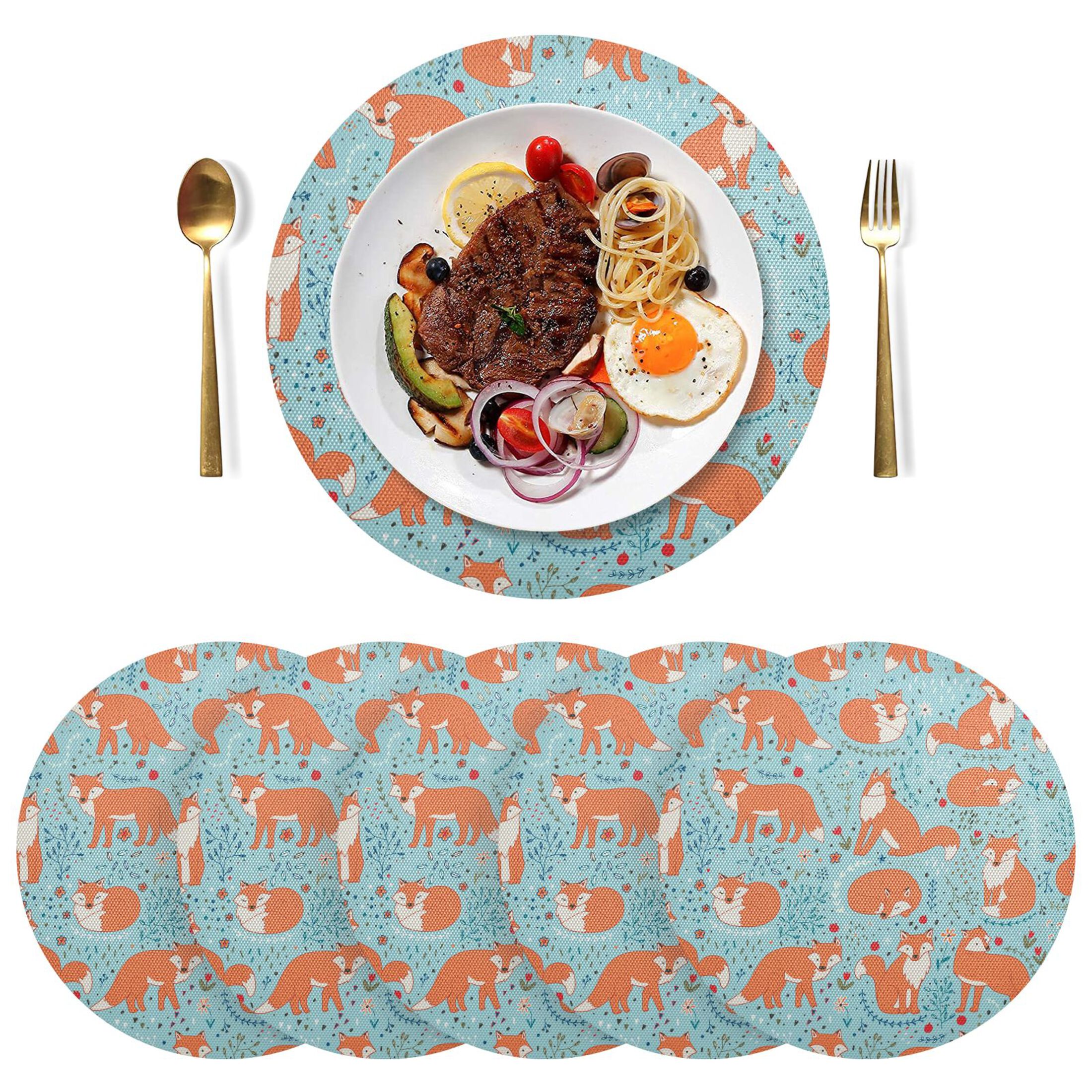 Fox with Flowers Round Plate Mats Non-Slip Place Mat Washable PVC Table ...