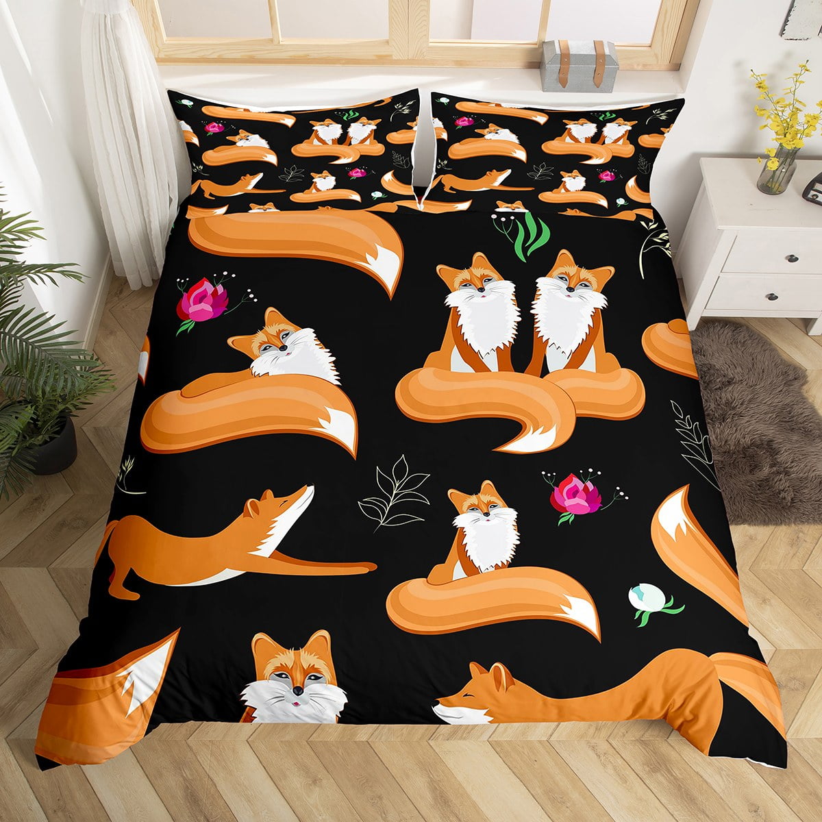 Foxes Comforter Cover Twin, Cartoon Kawaii Bedding Set for Young Kids ...
