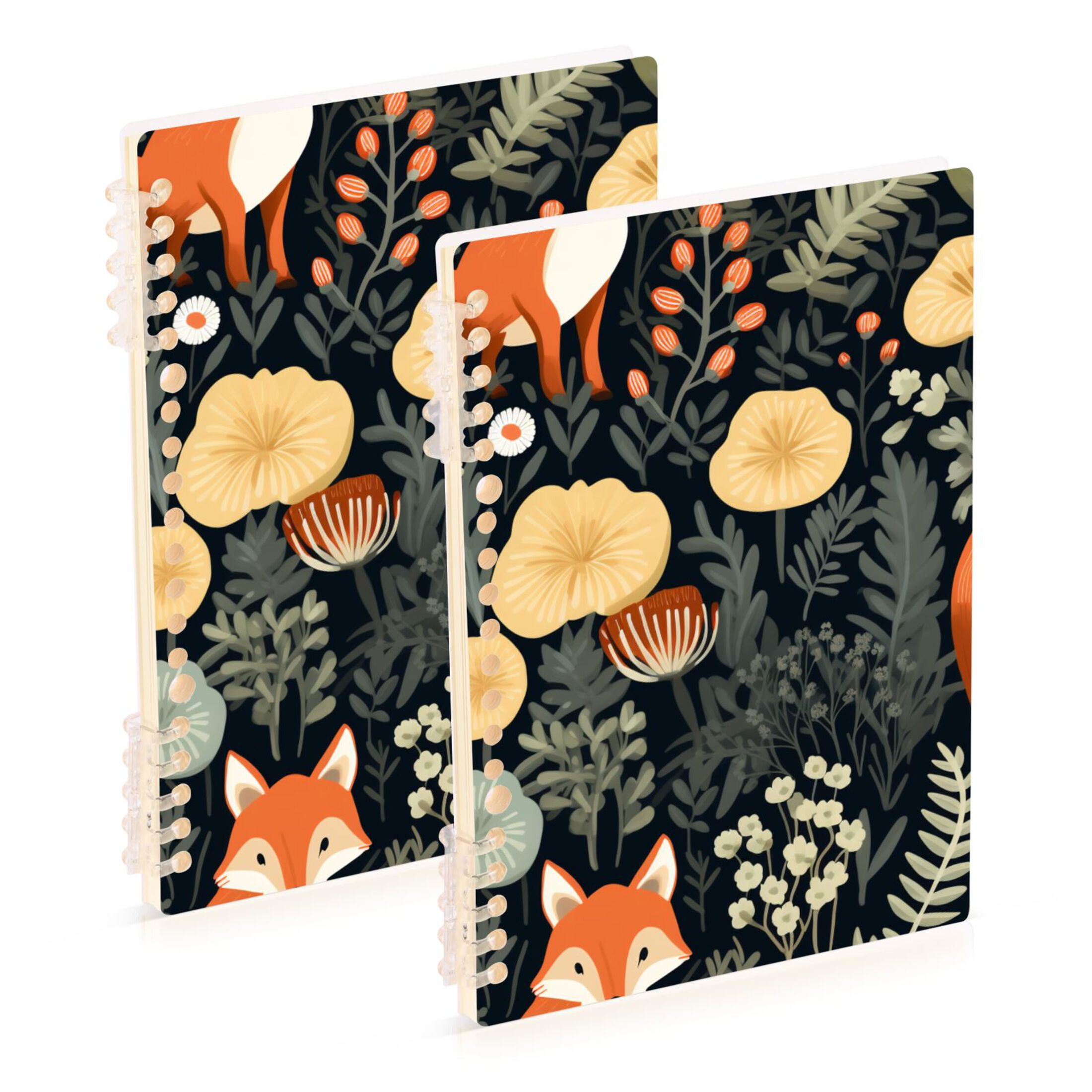 Foxes Flowers Leaves Ring Binder Notebook Journey Note Diary College Ruled Spiral Notebook Study ...