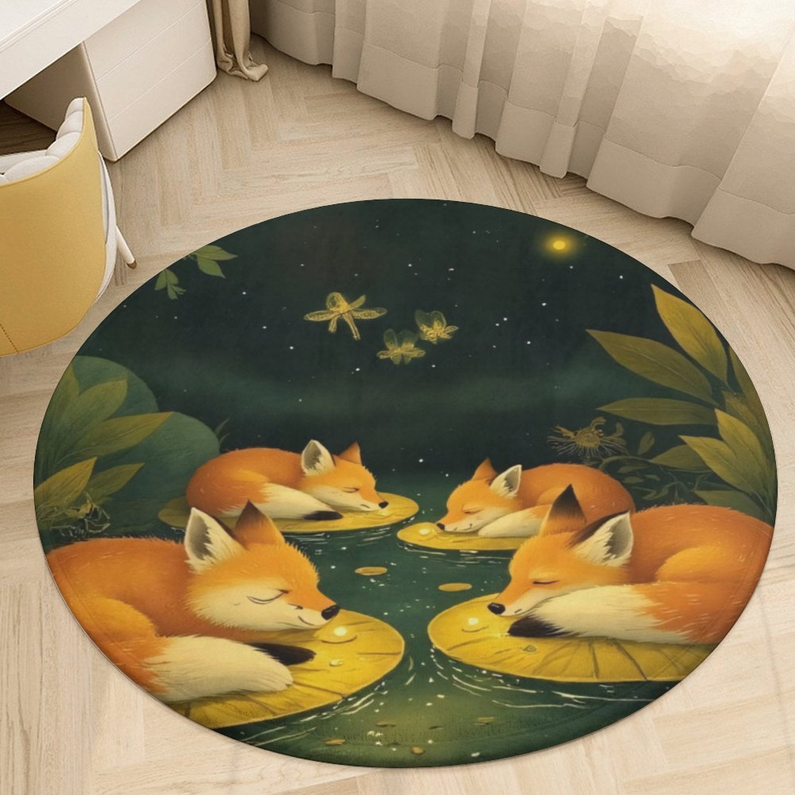 Foxes Sleeping on Leaves Round Area Rugs for Bedroom Living Room, 6FT ...