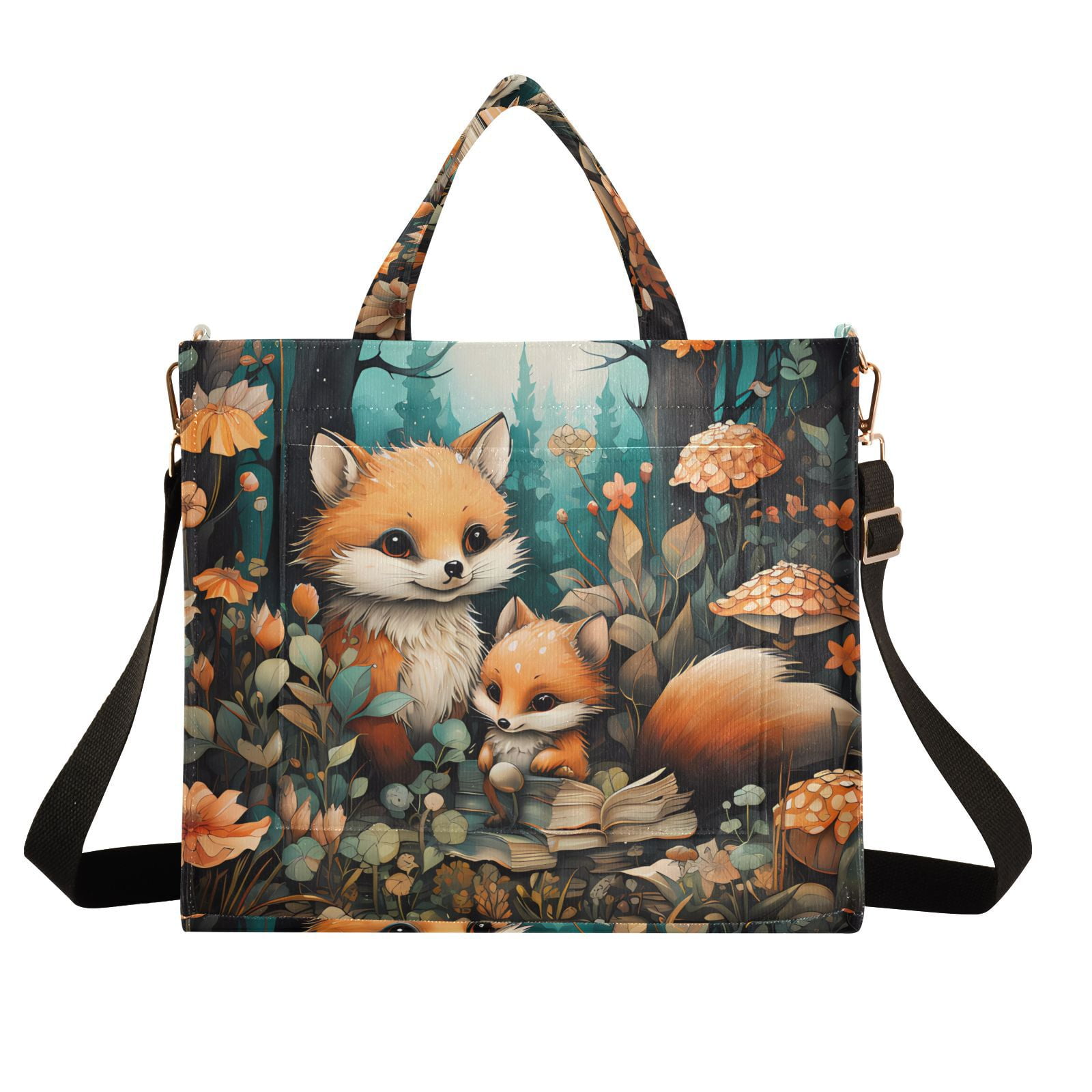 Foxes with Flowers Leaves Trees Corduroy Tote Bag Handbag Large ...