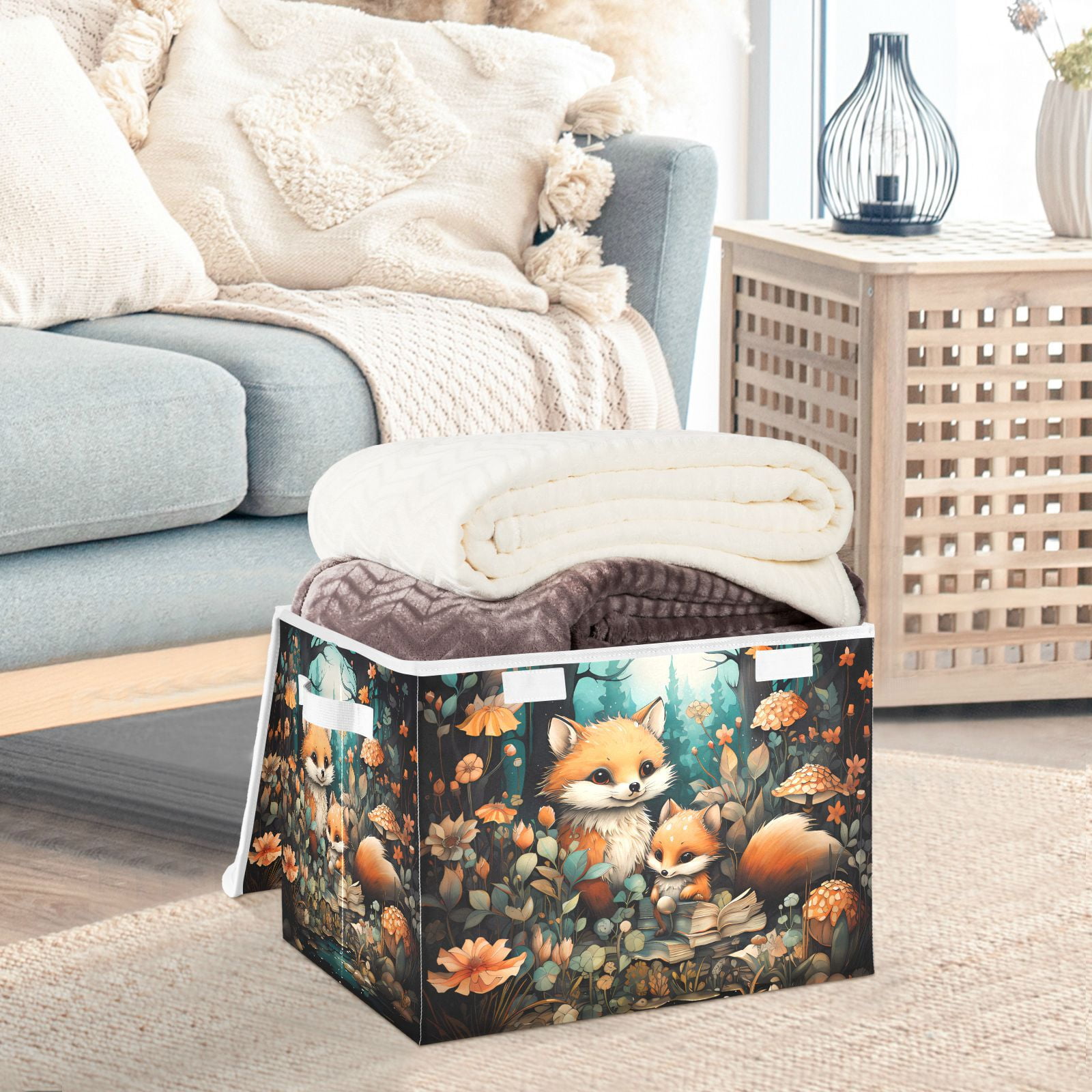 Foxes with Flowers Leaves Trees Storage Basket Foldable Laundry Basket ...