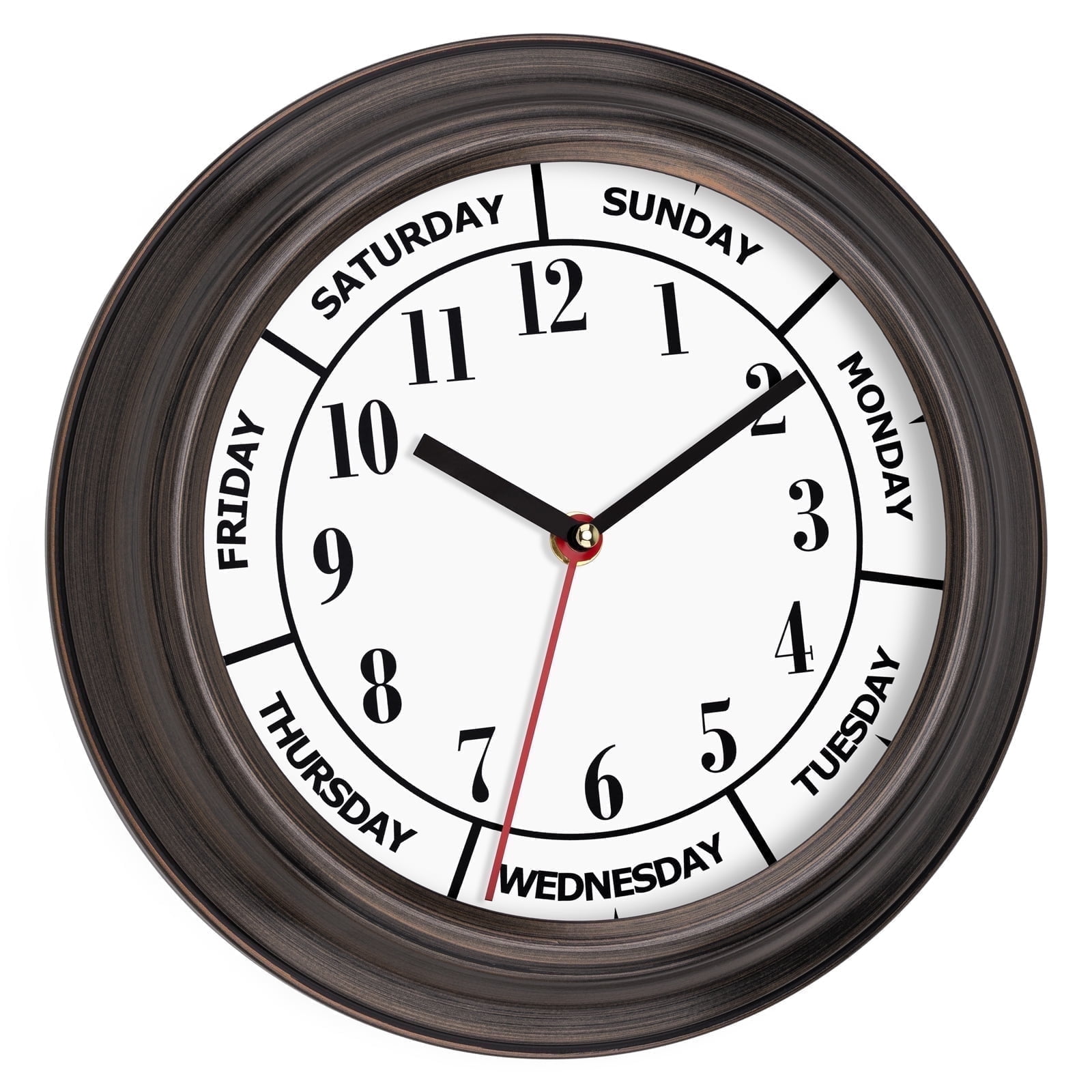 Foxtop Silent 11 Inch Metal Frame Retro Day of the Week Wall Clock for Seniors AND Retiree ...