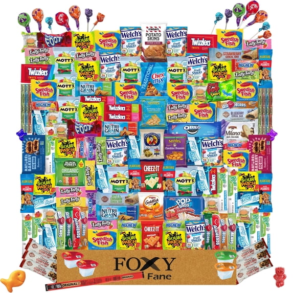Foxy Fane 150 count Deluxe Gift Snack Box - Ultimate Care Package with ...