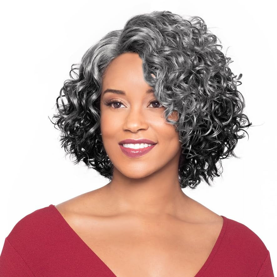 Foxy Silver Martina Wig Color 1B - 11" Long Curly Side Part Fusion Heat Resistant Synthetic J ...