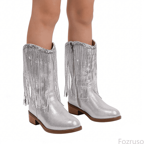 Fozruso Carnival Fringe Mid Calf Boots Slip On Fashion Casual Heel ...