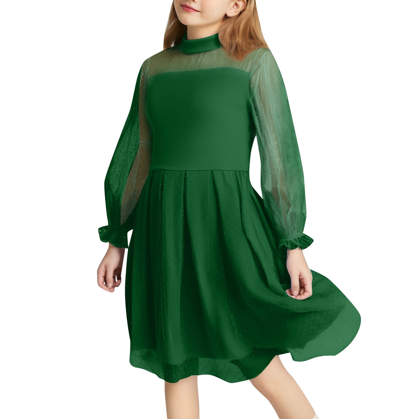 Fozruso Girls Swing Dresses Girls Dress Color Contrast Mesh Long Sleeve ...