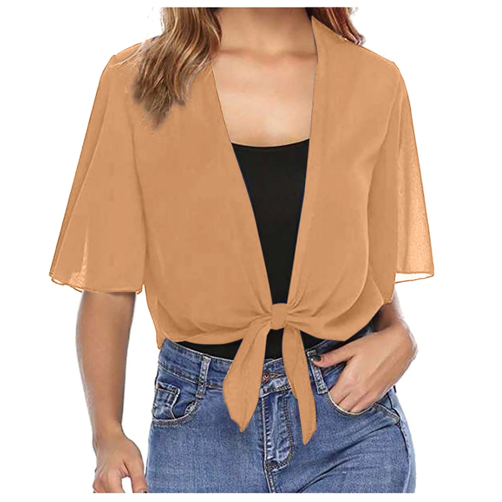 Fozruso Women Tie Front Chiffon Short Sleeve Cropped Sheer Bolero ...