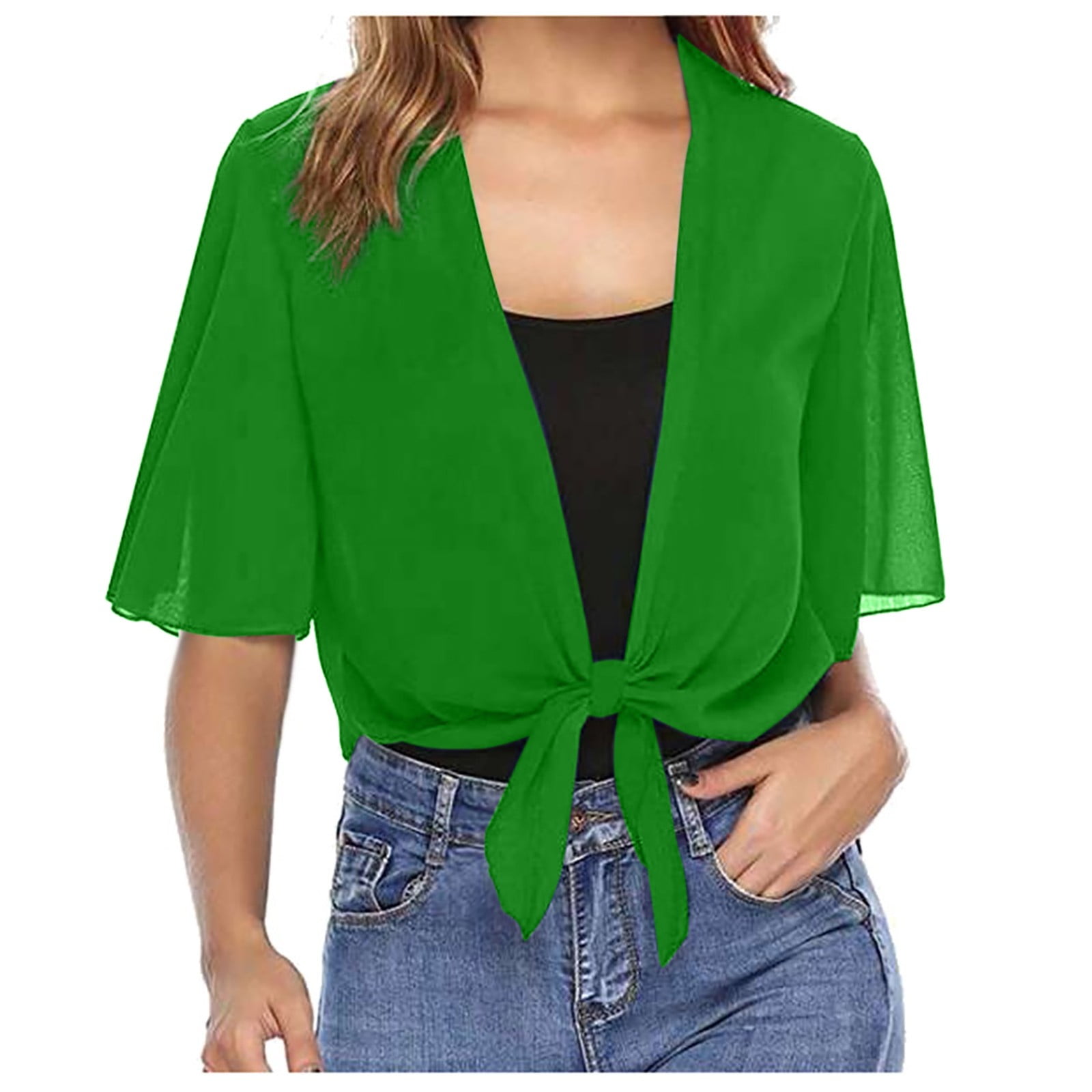 Fozruso Women Tie Front Chiffon Short Sleeve Cropped Sheer Bolero ...