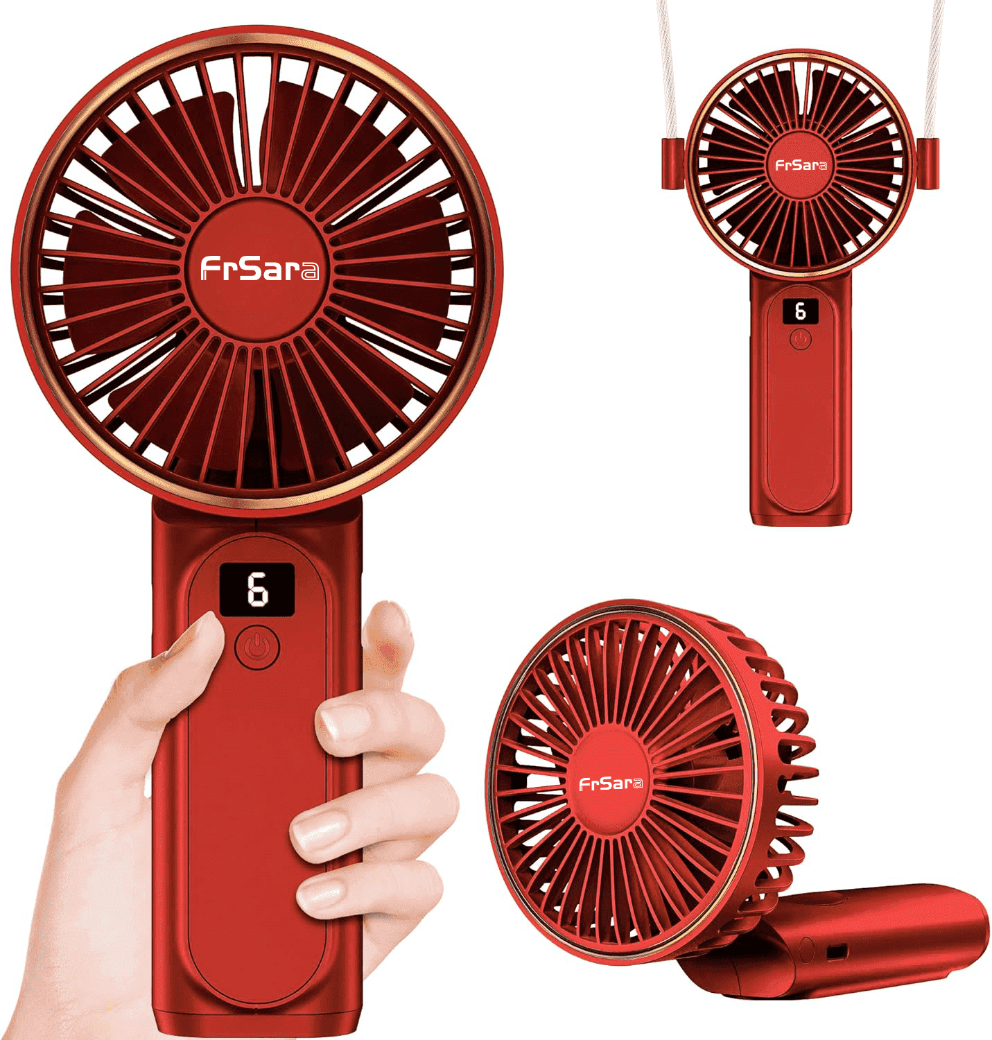 FrSara Portable Handheld Mini Fan Red with 4000mAh Battery, 6 Speed ...