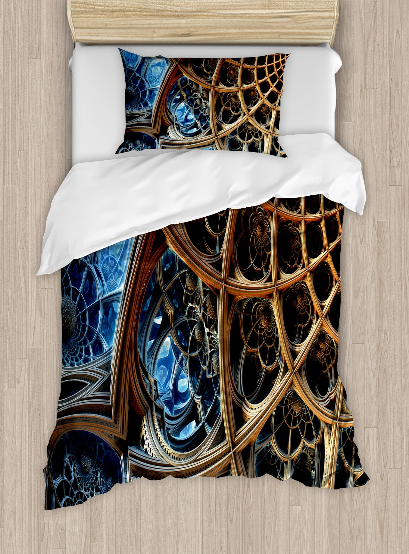 Fractal Duvet Cover Set, Dimensional Stripes Pattern with Retro Baroque ...